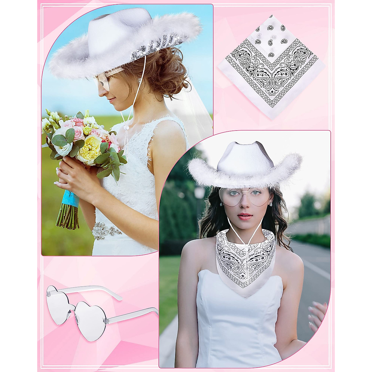 Jecery Bachelorette Party Set: Bride Cowgirl Hat with Veil, 5 Pink Hats, 6 Heart Sunglasses, and 6 White & Pink Bandanas for Last Rodeo