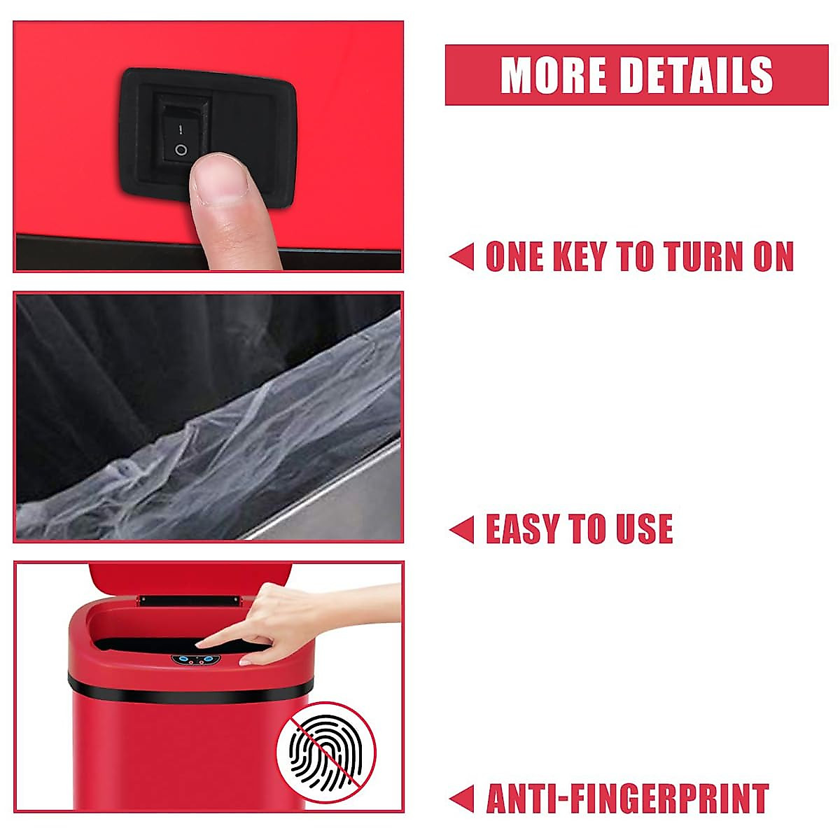 Automatic Trash Can 13 Gallons Garbage Can Waste Bin with Lid Kitchen Touchless Sensor Trash Bins Brushed Stainless Steel Garbage Bin for Home Office Bathroom, Red