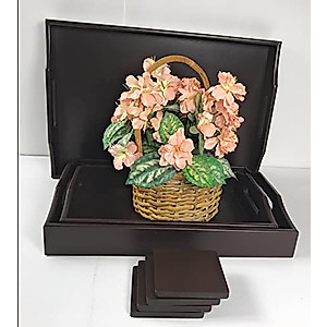 XL Wood Serving Tray Nested Set Of 3 w/4 Wood Coasters Wooden Coffee Table Food Eating on Bed Ottoman Tray Living Room Trays Decorative Storage Serving Butler Smoke Herb Rolling Nightstand Cheese Tray