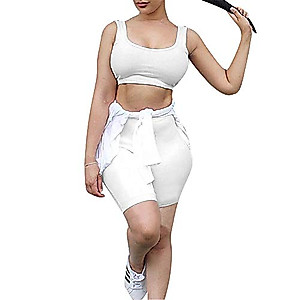 GOBLES Women's Sexy Bodycon Tank Crop Top Shorts Sets Club 2 Piece Outfits White