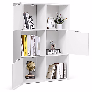 Giantex 6-Cube Storage Organizer, Storage Cabinet with 3 Open Cubes and 3 Cabinets, Free Standing Wooden Cubby Bookcase, Compartment Units for Home Office, 3-Tier Bookshelf for Books, Toys (White)
