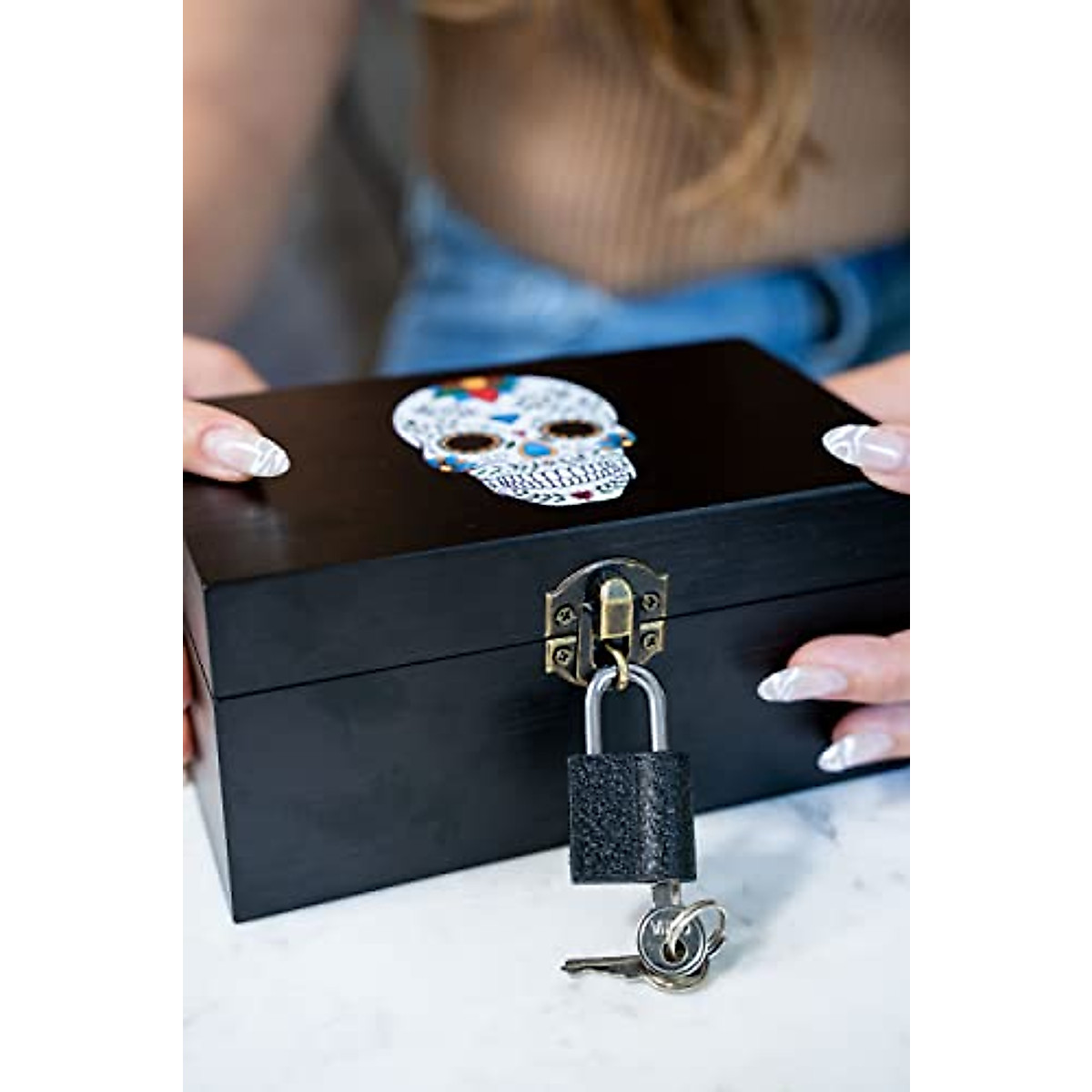 STASH HOUSE SUPPLY CO. Day of the Dead Design Premium Bamboo Stash Box Set with UV Glass Jar, Metal Tray and Lock - Great Gift for Skull Lovers