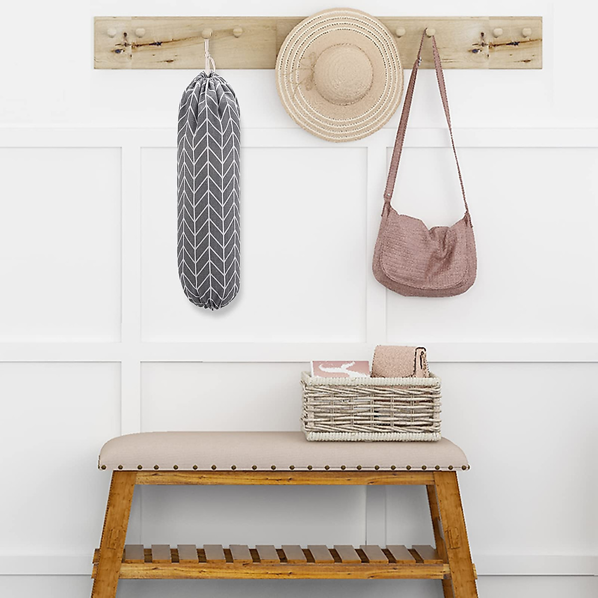 Plastic Bag Holder, Large Grocery Bags Holder, Wall Mount Garbage Plastic Bag Organizer, Shopping Bag Storage Dispenser Trash Bag Holder ​for Home Kitchen Travelling Drawstring Washable, 2 Pack (Gray)