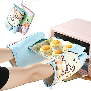 KOWVOWZ 1 Pair Kawaii Oven Mitts Extra Long with Silicone Pad Durable Heat Resistant Cartoon Animal Print (Blue)