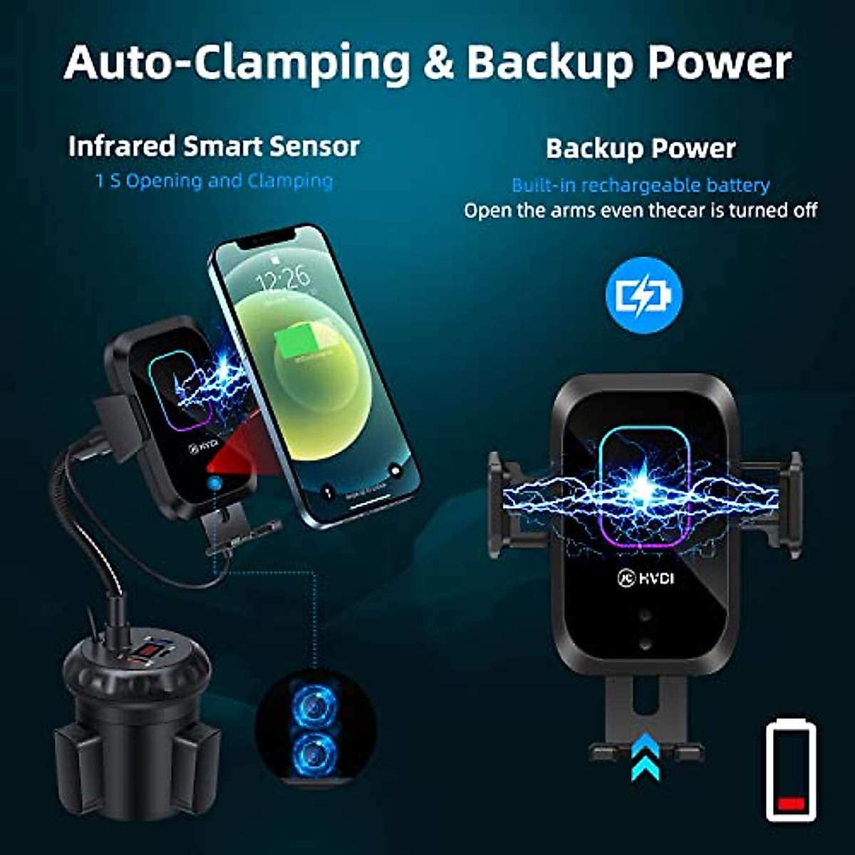HVDI Cup Phone Holder Wireless Car Charger Mount, 3 Ports 54W Car Charger with 15W Qi Fast Charging Auto-Clamping Wireless Charger Adjustable Gooseneck Mount for iPhone Samsung Galaxy Note LG & More