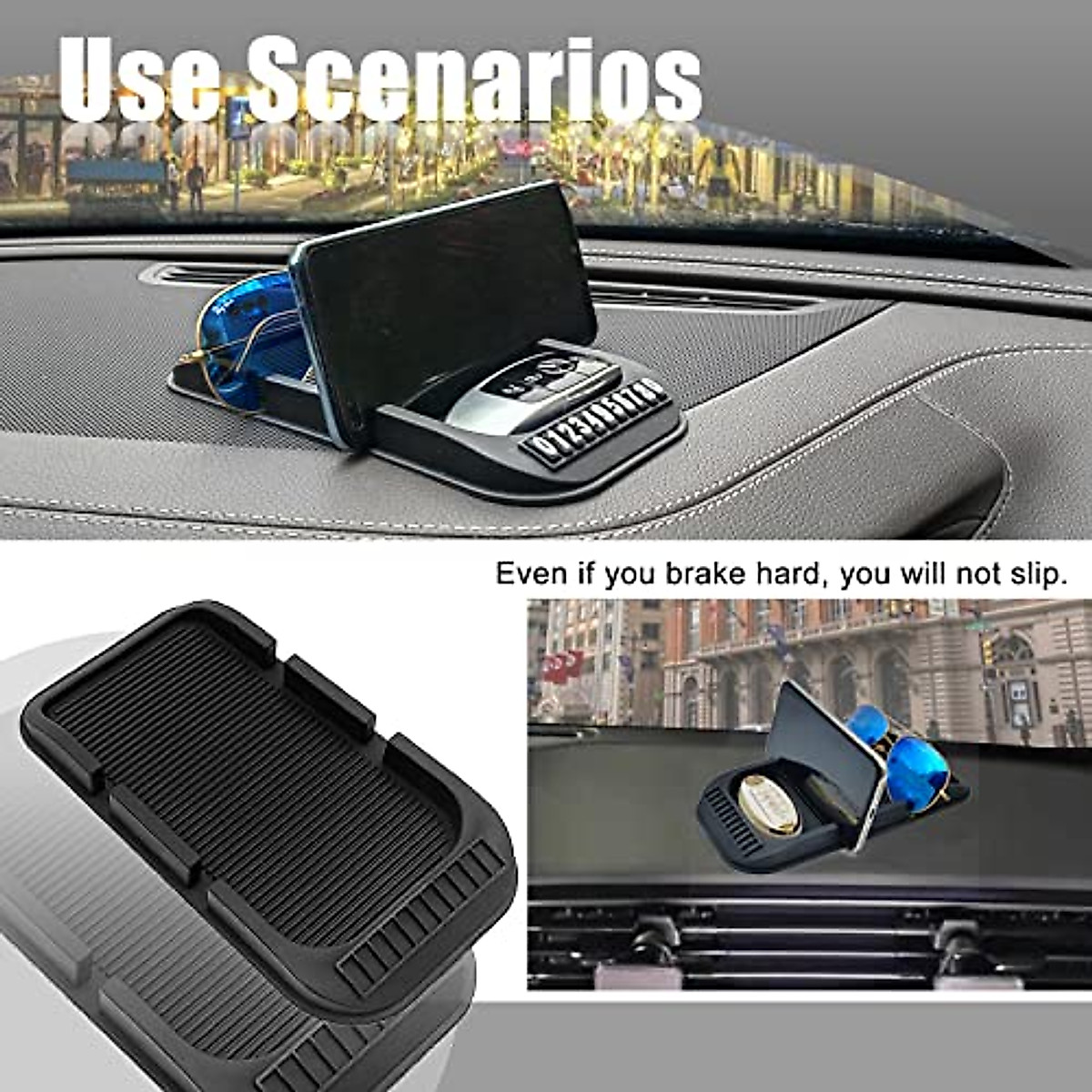 Car Dashboard Cell Phone Holder, Anti-Slip Pad Double-Groove with Number Plate Auto Silicon Tray, Silicone Car Pad Mat for Various Dashboards,Phone GPS Keychains Sunglasses Mat