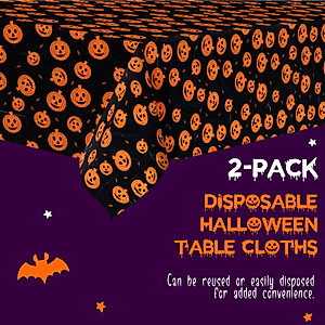 Confettiville Halloween Tablecloth, 2-Pack Disposable Halloween Table Cloths, Pumpkins Plastic Table Covers, 54 x 108 Inches, Halloween Party Decorations