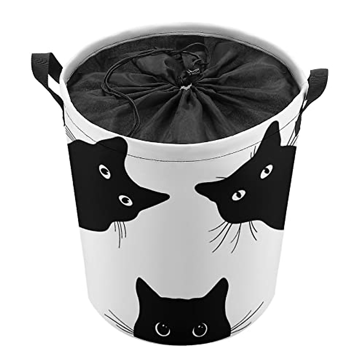Laundry Hamper Curious Black Cat Fabric Storage Basket Round Collapsible Lovely Cats Laundry Baskets with Drawstring Closure for Bedroom Living Room Bathroom