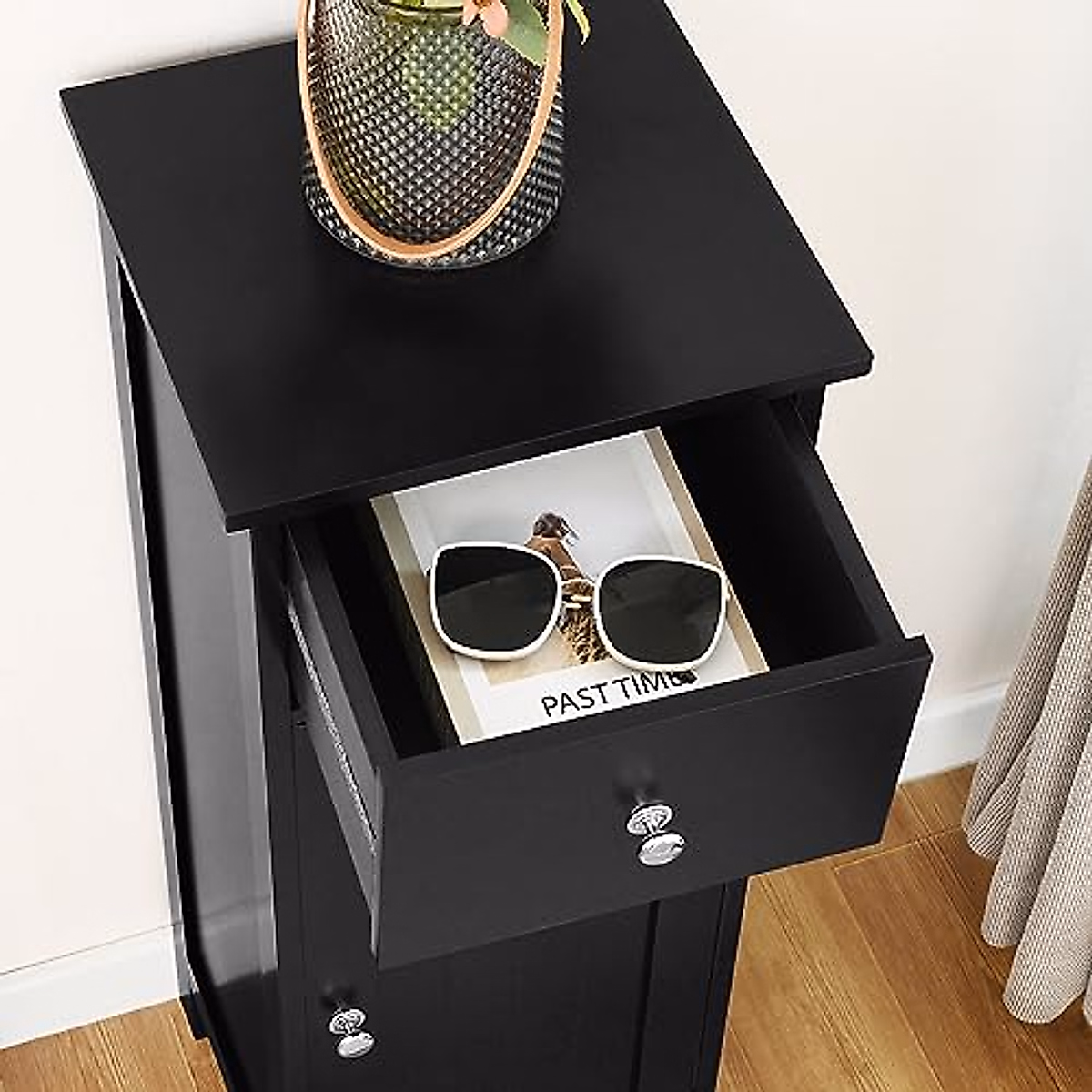 Iwell Bathroom Floor Cabinet, Storage Cabinet with Large Drawer, Wooden Free-Standing Cabinet with Door for Bathroom, Living Room, Bedroom, Black