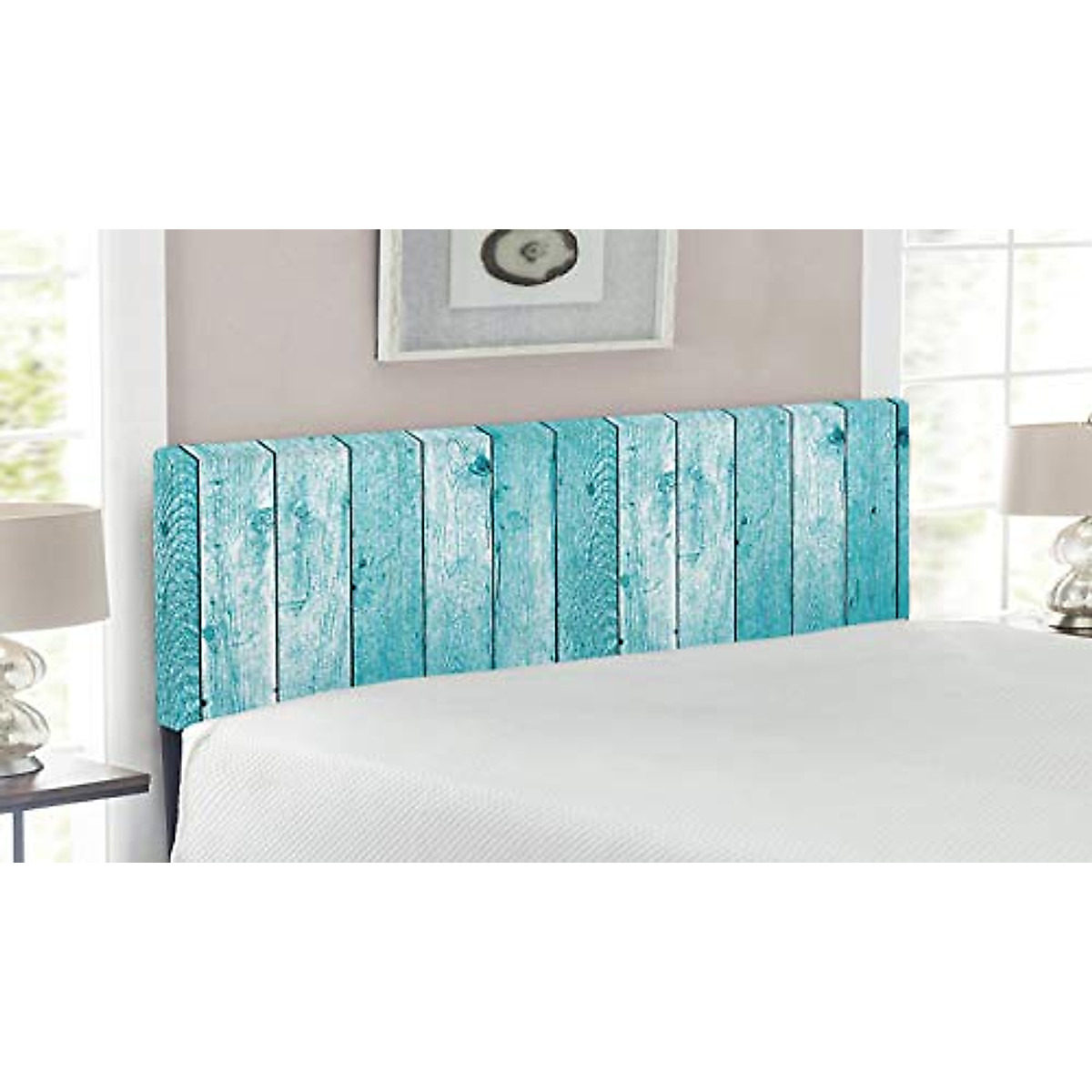Lunarable Turquoise Headboard, Aged Wooden Planks Texture Image Vertically Striped Surface Floor Rustic Design, Upholstered Decorative Metal Bed Headboard with Memory Foam, Queen Size, Turquoise
