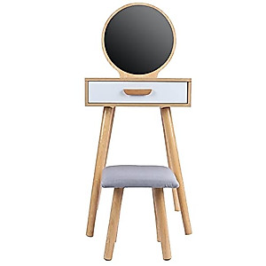 NJSV White Vanity Makeup Dressing Table Set w/Stool Drawer&Mirror Jewelry Wood Desk Shuq Vanity Desk Makeup Vanity Side Tables Bedroom Vanity Table Portable Desk Vanity Set