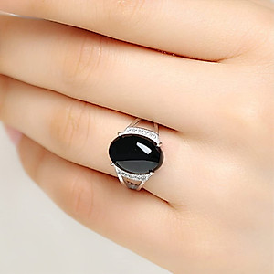 DALEGEM Adjustable Women Natural Agate Onyx Stone Ring,Platinum Plated S925 Sterling Silver Open Real Genuine Quartz Gemstone Ring (Stone_B, Adjustable)