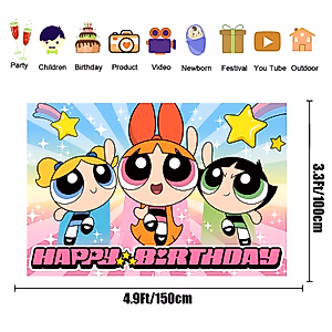 5×3FT Power Girls Birthday Decorations Happy Birthday Banner, Power Girls Birthday Party Decorations for Children power Girls Party Decorations, Power Girl Party Supplies Decorations