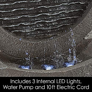 Round Cascade Outdoor Fountain - 18.5-Inch Modern Polyresin Waterfall with Stone Wall Design and LED Lights for Outdoor Decor by Pure Garden (Gray)