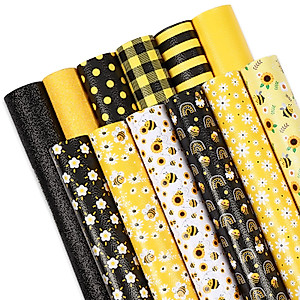 Whaline 12Pcs Summer Bee Faux Leather Sheets Black Yellow Plaids Synthetic Fabric Craft Leather Sunflower Glitter Printed Leather for Earrings Headbands Jewelry Wallet Making DIY Craft