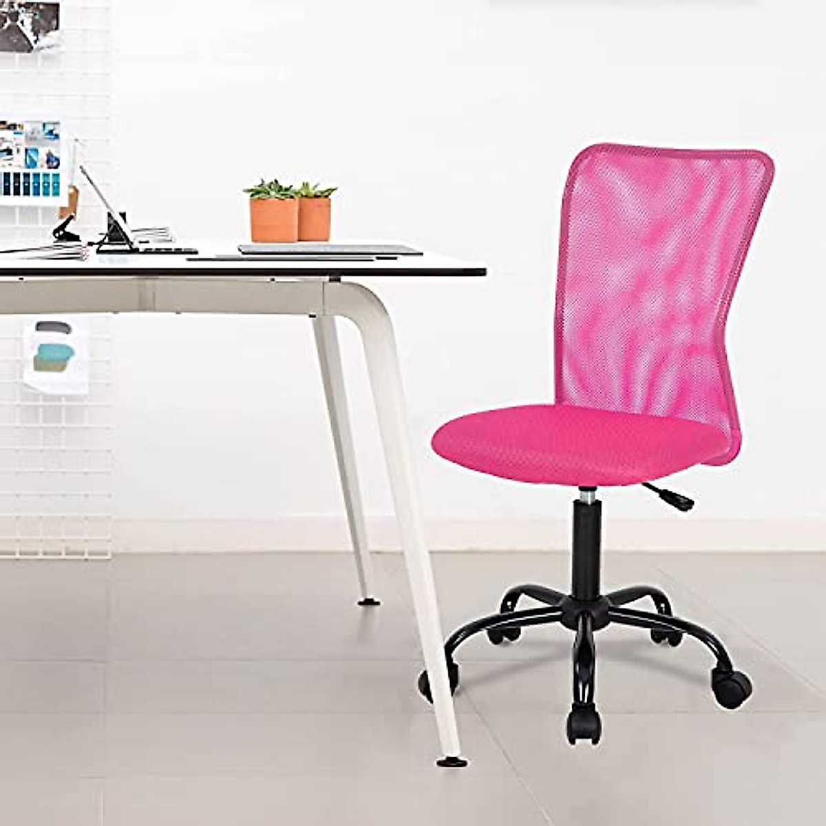 Tffnew Mesh Breathable Home Office Chair Mid Back Mesh Desk Chair Ergonomic Adjustable Chair with Lumbar Support Armless Modern Rolling Swivel Chair for Women&Men Adults（Pink）