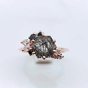Rings For Women Hexagon Cut Black Rutilated Quartz Ring Vintage Unique Ring Marquise Cluster Black Spinel, Gift Beautiful Wedding Ring BY FOREVER GEMS & JEWELS, Rose Gold,White,Silver