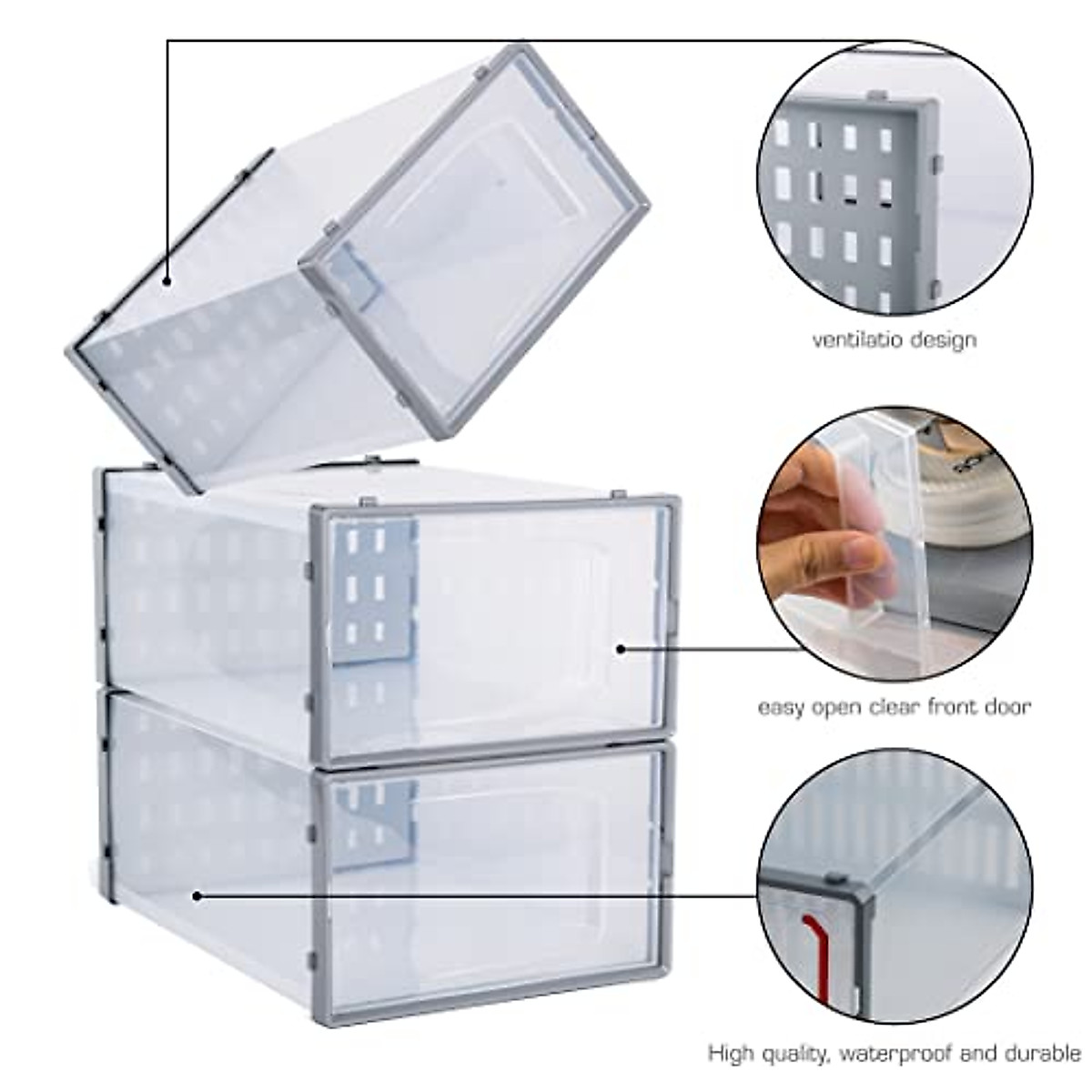 Shoe Boxes Clear Plastic Stackable, 12 Pack Foldable shoes Organizer Storage Container for Closet Space Saving (Medium, B-Clear)
