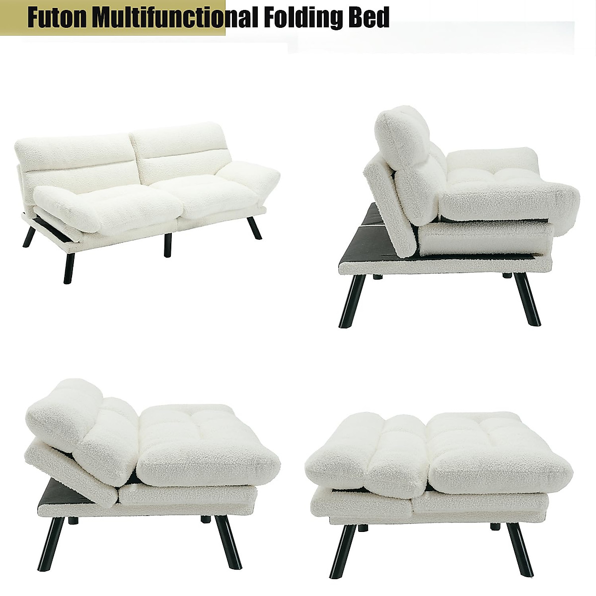 70" Modern Teddy Convertible Folding Futon Couch Sofa Bed Adjustable Pillow Top Arm Memory Foam Couch Double Loveseat Sofa for Compact Living Space,Dorm,Game Studio,Apartment,Bedroom (White Teddy)