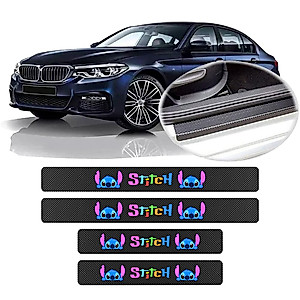 4PCS Cute Funny Cartoon Door Sill Protector with Tire Valve Stem Caps Set, Carbon Fiber Universal Door Sill Sticker Alloy Tire Caps Anti Scratch Decor Anime Car Accessories Set for Fan Gifts
