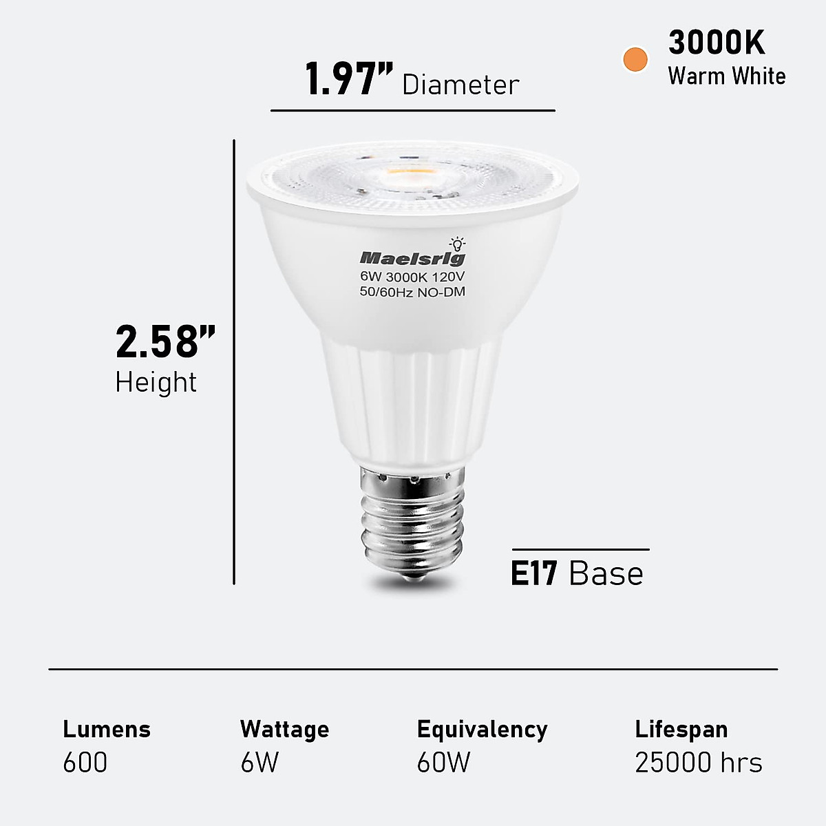 Maelsrlg E17 LED Bulb 6W(60 Watt Equivalent), Intermediate Base Spotlight Bulb, Warm White 3000K, E17 Reflector R14 Bulb for Curio Cabinet, Non-Dimmable, Pack of 2