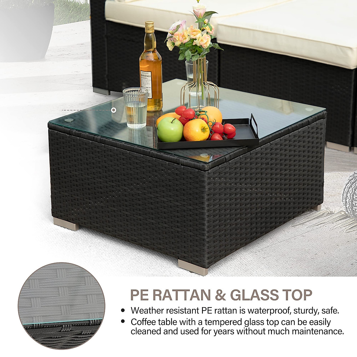 LAUSAINT HOME 7-Piece Patio Furniture Set, PE Rattan Outdoor Patio Furniture All Weather Outdoor Sectional Conversation Sets with 6 Chairs and 1 Tempered Glass Table for Garden (Beige)