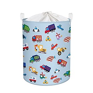 Clastyle 45L Cartoon Car Nursery Laundry Basket Blue Drawstring Collapsible Laundry Hamper with Handle Waterproof Toys Storage Basket for Kids Room, 14 * 17.7 in