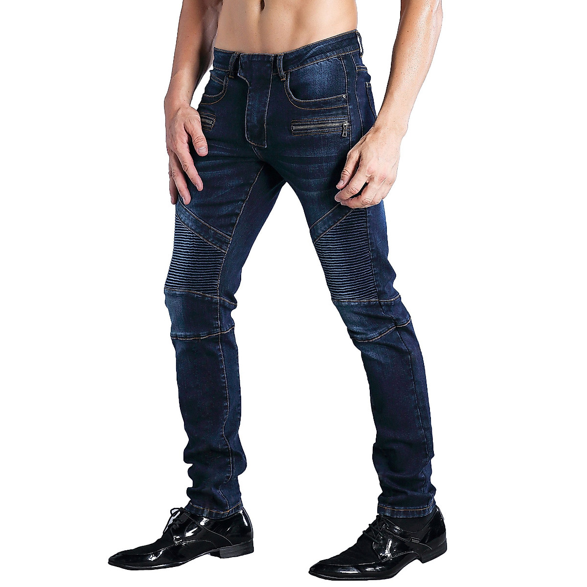 ZLZ Blue Biker Jeans for Men Slim Fit, Men's Comfy Stretch Ripped Distressed Biker Jeans Pants Rock, Designer Jeans, Size 34