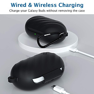 Galaxy Buds Plus 2020/Galaxy Buds 2019 Case, KMMIN Full-Body Shock Protective Samsung Buds Silicone Cover with 5-in-1 Accessories Storage Bag/Carabiner/Lanyard/Brush [Front LED Visible], Black