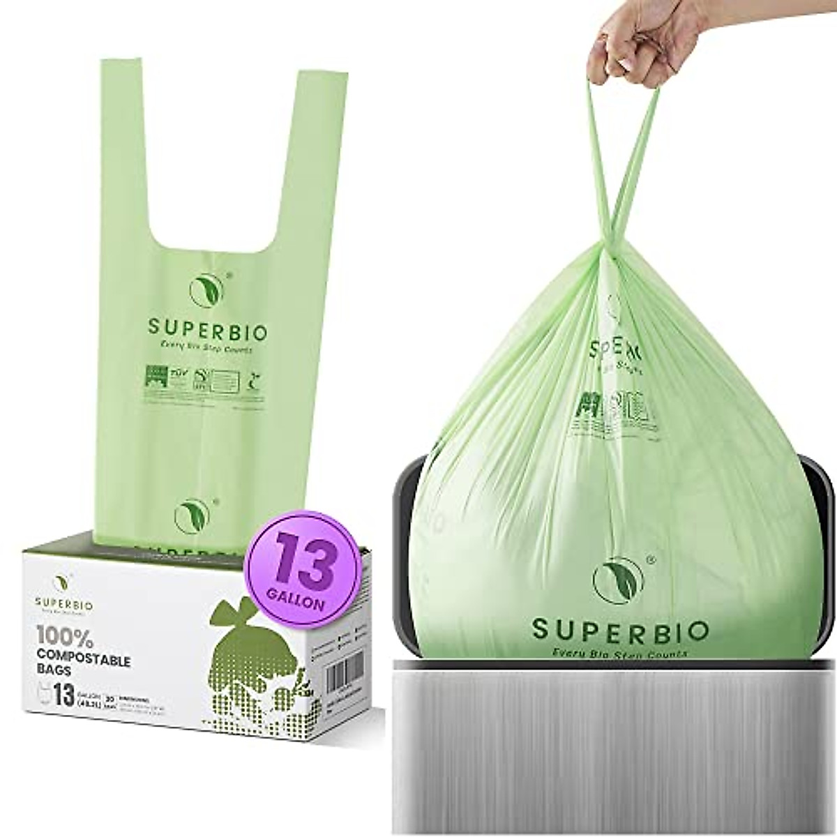 SUPERBIO 13 Gallon Compostable Handle Tie Tall Kitchen Garbage Bags, Heavy Duty Food Scrap Trash Bags Certified by BPI Meeting ASTM D6400 Standards, Eco-Friendly and Convenient, 30 Count