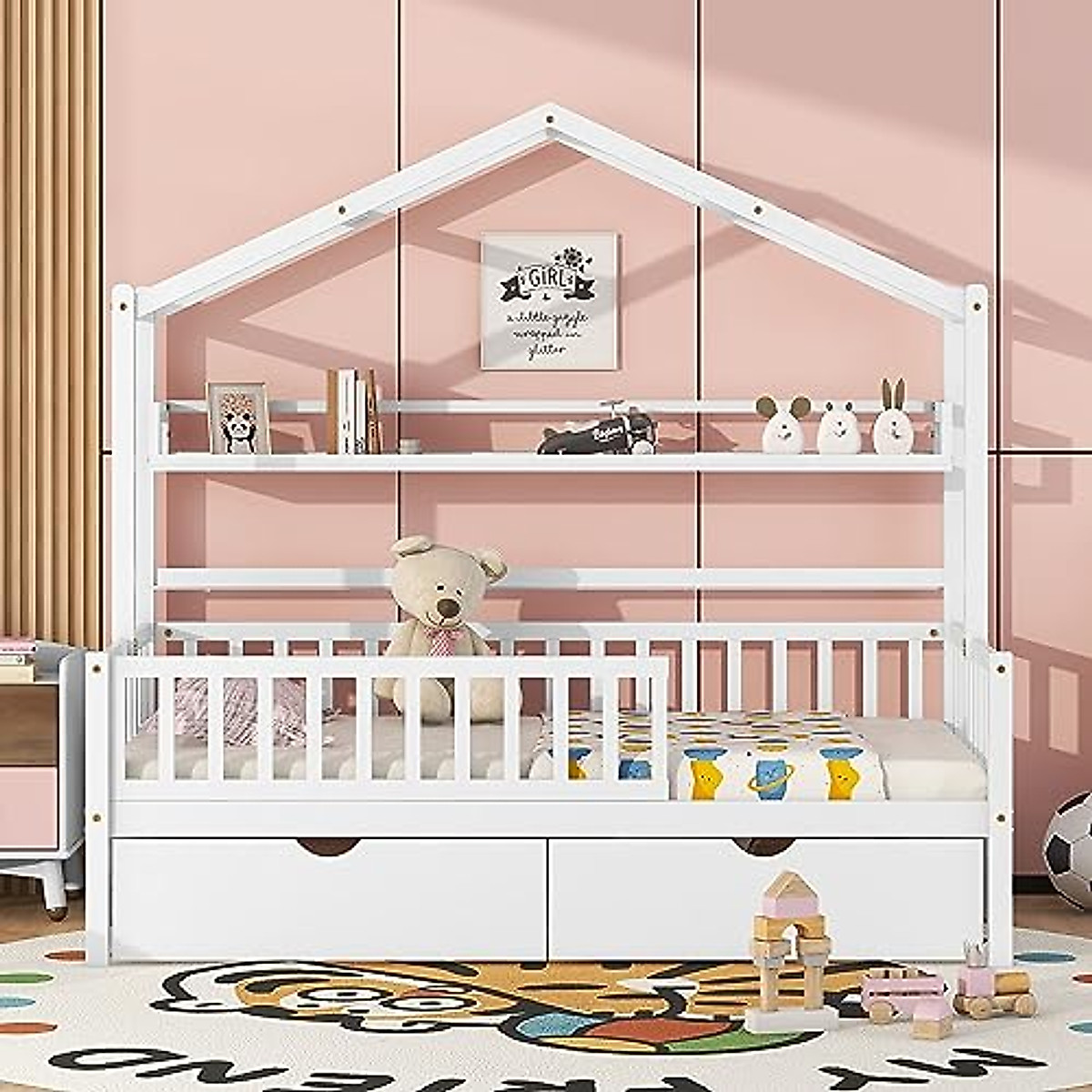 Twin Size House Bed with 2 Drawers and Shelf, Wood House Bed Frame with Roof Design and Safety Guardrail, Montessori Bed for Girls Boys Bedroom, Can be Decorated (White + Wood-A39)