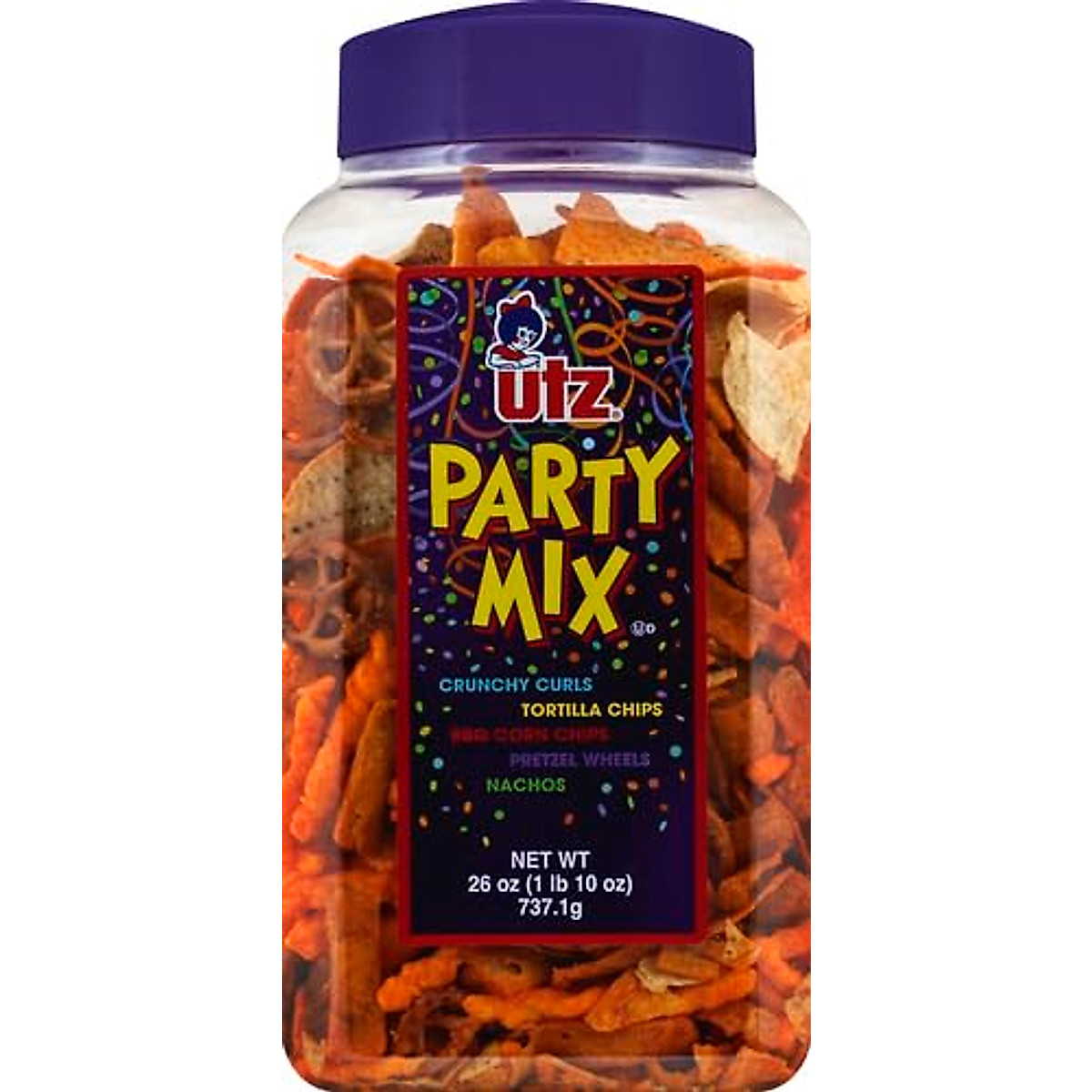 Utz Party Mix - 26 Ounce Barrel - Tasty Snack Mix Includes Corn/Nacho Tortillas, Pretzels, BBQ Corn Chips and Cheese Curls, Easy and Quick Party Snacks, Cholesterol Free and Trans-Fat Free