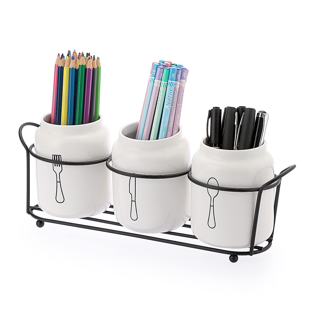 JUXYES Set of 3 Ceramic Silverware Holder for Countertop, White Flatware Organizer Utensil Holder With Black Metal Rack, Flatware Caddy Cutlery Holder Silverware Organizer for Kitchen Dining Tables