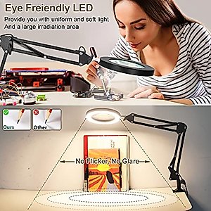 LED Magnifying Glass Desk Lamp with Clamp ,3 Color Modes 10 Levels Dimmable Adjustable Swivel Arm for Reading Rework Craft Workbench