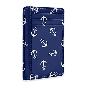 Linomo Thin leather Card Holder and Money Clip Nautical Anchor Pattern Wallet RFID Blocking for Men & Women