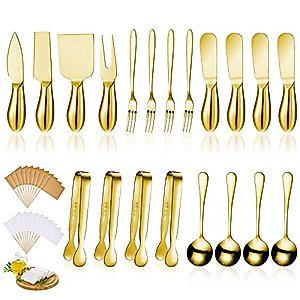 Patelai Spreader Knife Set Cheese Butter Spreader Knife Cheese Slicer Knife Stainless Steel Blade with Handles Mini Serving Tongs Spoons and Forks for Birthday Wedding Christmas (20, Golden)