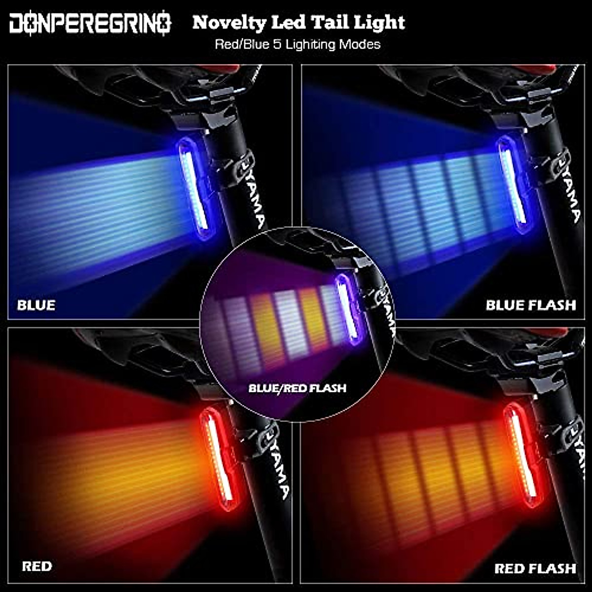 Bike Tail Light Powerful 110 Lumens - Waterproof & Rechargeable USB-C, Quick Release Mounts with 5 Red/Blue Modes for Night Riding, DON PEREGRINO B2 Rear Bike Light