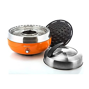 Homping Grill - Ultimate Portable Charcoal BBQ Grill. Produces Less Smoke. Combined with its Electric Fan for air/Heat Control. Tailgating Grill (Orange)