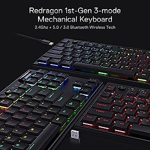 Redragon K621 Horus TKL Wireless RGB Mechanical Keyboard, 5.0 BT/2.4 Ghz/Wired Three Modes 80% Ultra-Thin Low Profile Bluetooth Keyboard w/Dedicated Media Control & Clicky Blue Switches, Black