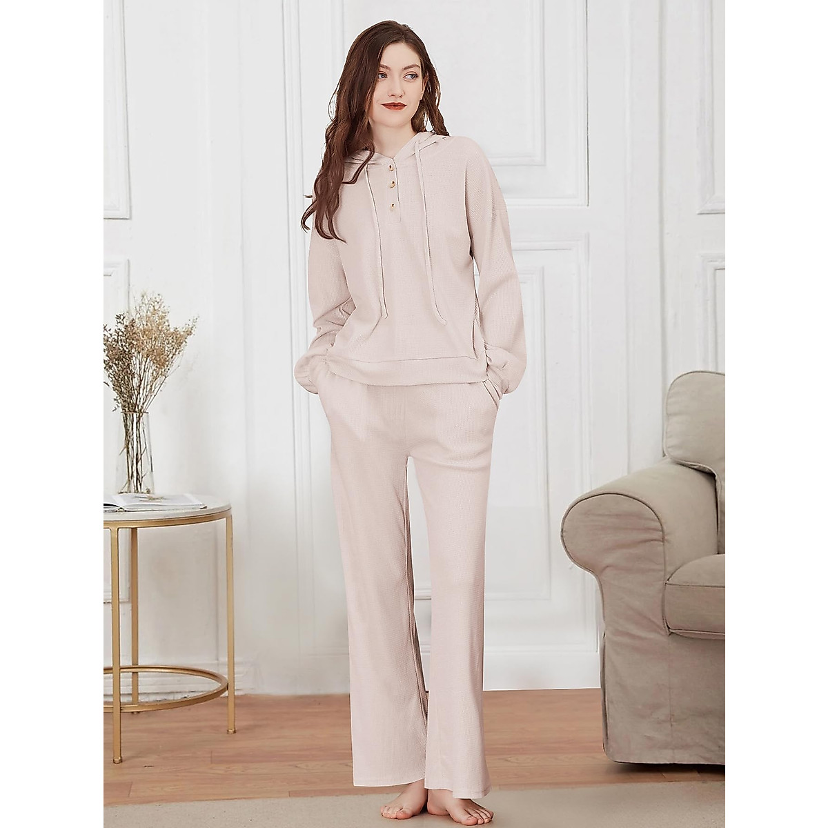 YKR Womens Loungewear Set 2 Piece Waffle Knit Lounge Sets Hooded Top and Wide Leg Pant Sweatsuits with Pockets Beige L