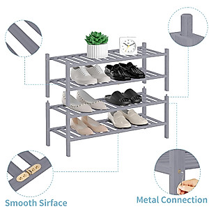 RONGJIA 4-Tier Natural Bamboo Shoe Rack - Stackable Storage Shelf with Multi-Function Combinations - Free Standing Shoe Racks for Convenient Shoe Organization（Gray） 11" D x 27" W x 28" H