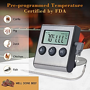 FYY Meat Thermometer, Digital Cooking Thermometer with Stainless Steel Long Food Temperature Probe and Alarm Timer for Liquids, Oven, Smoker, BBQ, Candy, Oil, Deep Frying Food Sliver