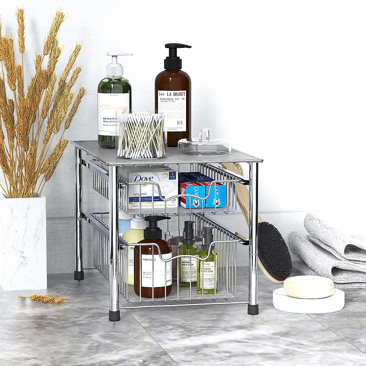 SimpleHouseware Stackable 2 Tier Sliding Basket Organizer Drawer, Chrome