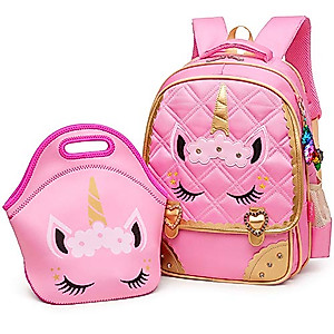 Moonmo Cute Unicorn Face Diamond Bling Waterproof Pink School Backpack Set Girls Book Bag (Large, Pink Set)