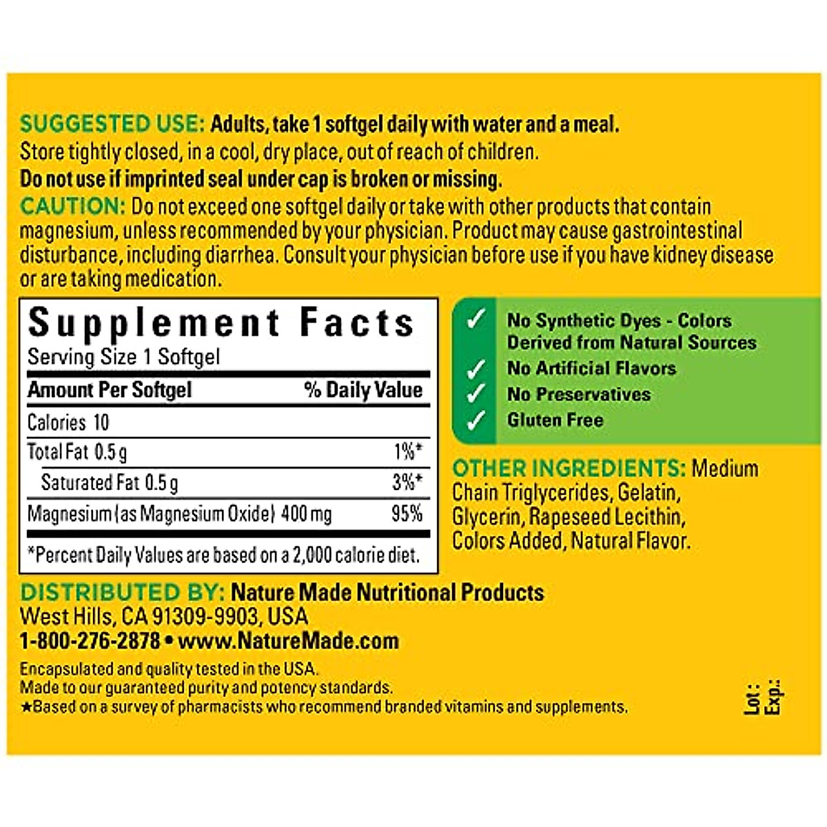 Nature Made Extra Strength Magnesium Oxide 400 mg, Dietary Supplement for Muscle, Nerve, Bone and Heart Support, 60 Softgels, 60 Day Supply