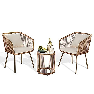3 Piece Patio Bistro Set,Outdoor Conversation Sets, Small Patio Furniture Set w/ Glass Top Table and 2 Chairs,Outdoor Table and Chairs Set of 2,Wicker Patio Chairs for Yard Lawn Garden Porch Backyard