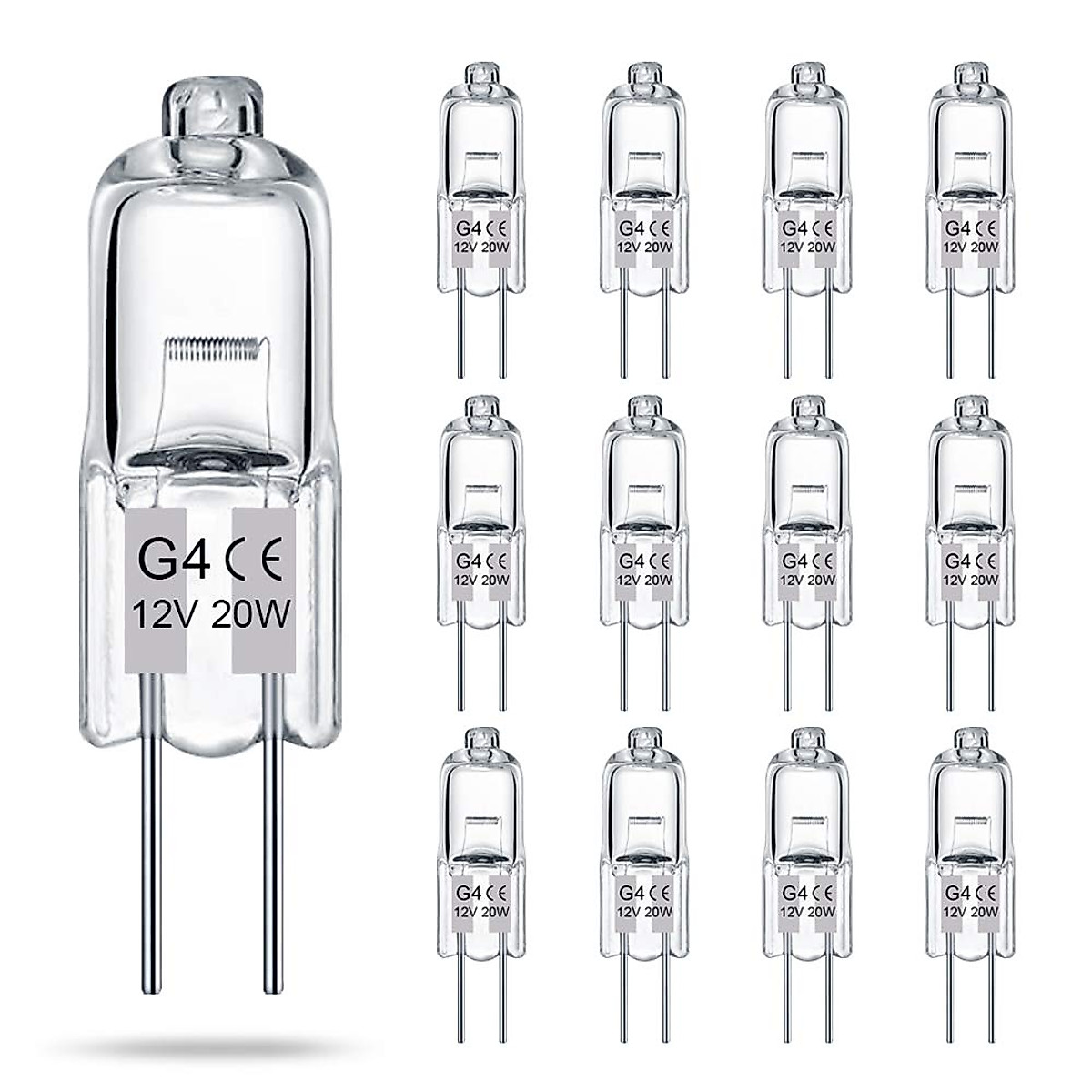TAIYALOO G4 Bulb 12 Pack Crystal Clear Halogen Light Bulb 2 Pin 12V 20W JC T3 Bi-Pin G4 Base Dimmable 2700K Warm White 2 Prong Light Bulb for Under Cabinet Puck Light, Chandeliers, Landscape Lighting