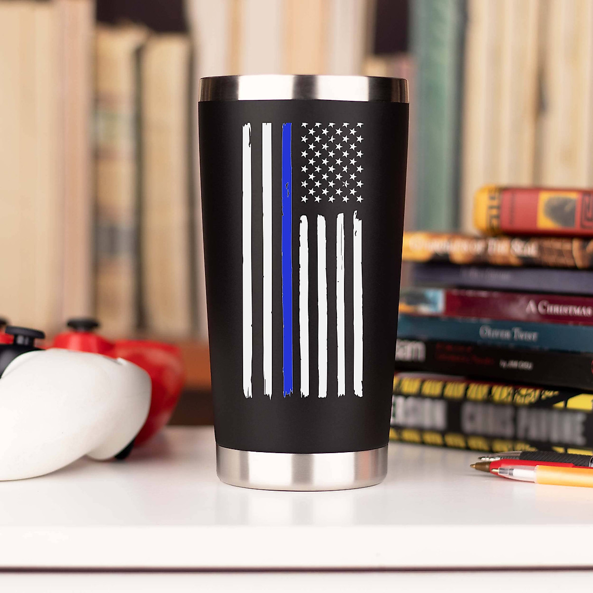 JENVIO Thin Blue Line Police Tumbler | Stainless Steel Travel Mug Including 2 Lids 2 Straws Gift Box for Coffee Cup | Correctional for Him | Cops Officer Valentine's Day Gift