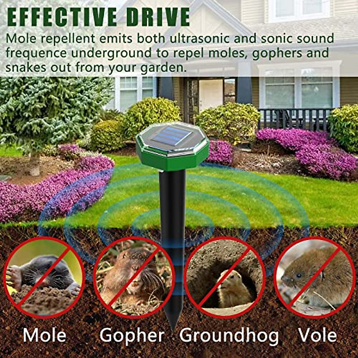 Solar Mole Repellent 12 Pack,Gopher Repellent Ultrasonic Waterproof for Outdoor Garden Lawn Yard Get Rid of Gophers, Moles, Groundhogs，Voles