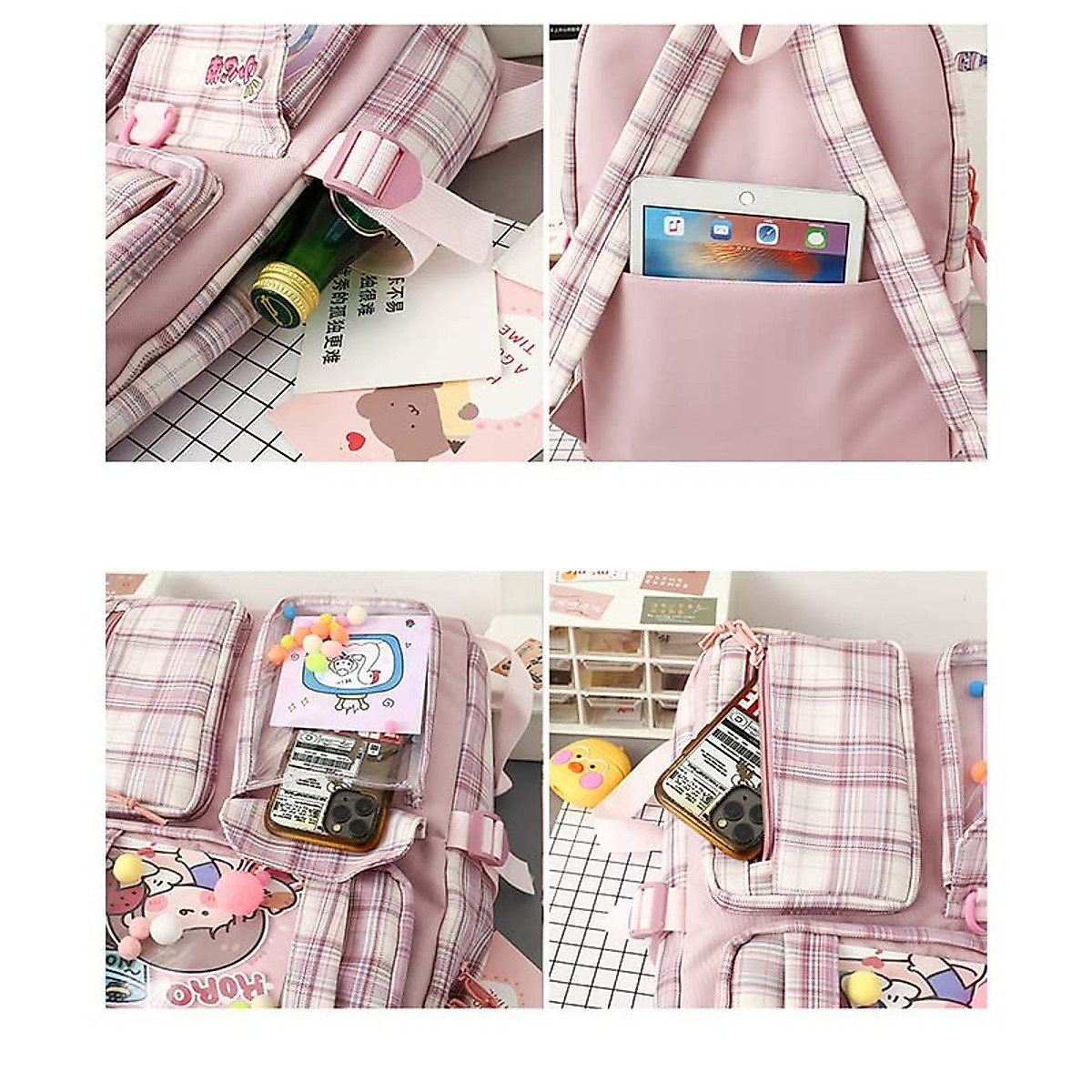 MOMEITU Kawaii Backpack with Cute pins and Pendants ins School Plaid Backpack Harajuku Student School Bag(Blue)